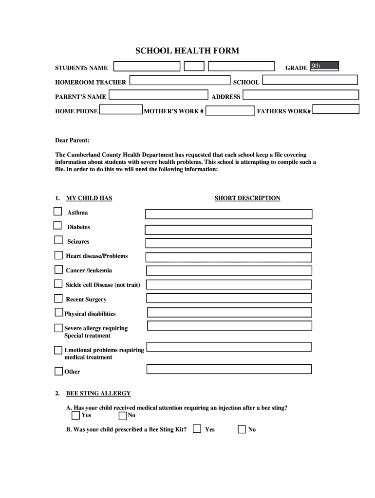 Fillable Online gchs ccs k12 nc SCHOOL HEALTH FORM - Gray's Creek High ...