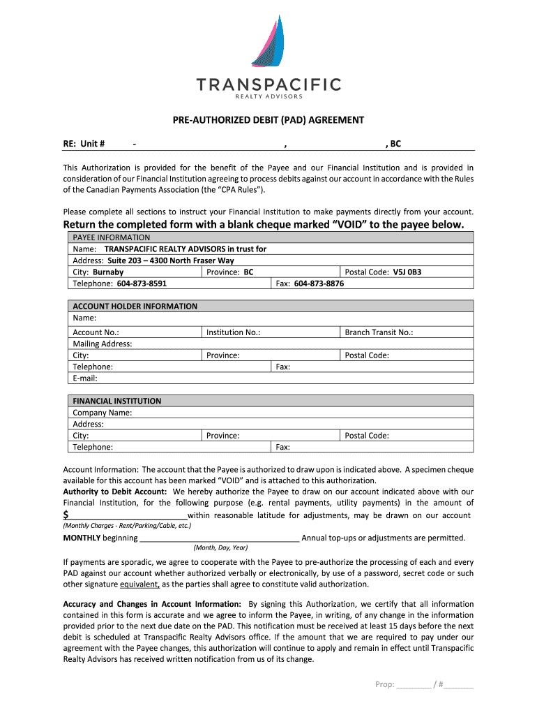 Fillable Online Pre-Authorized Debit PAD Agreement - spire landing Fax Email Print - pdfFiller