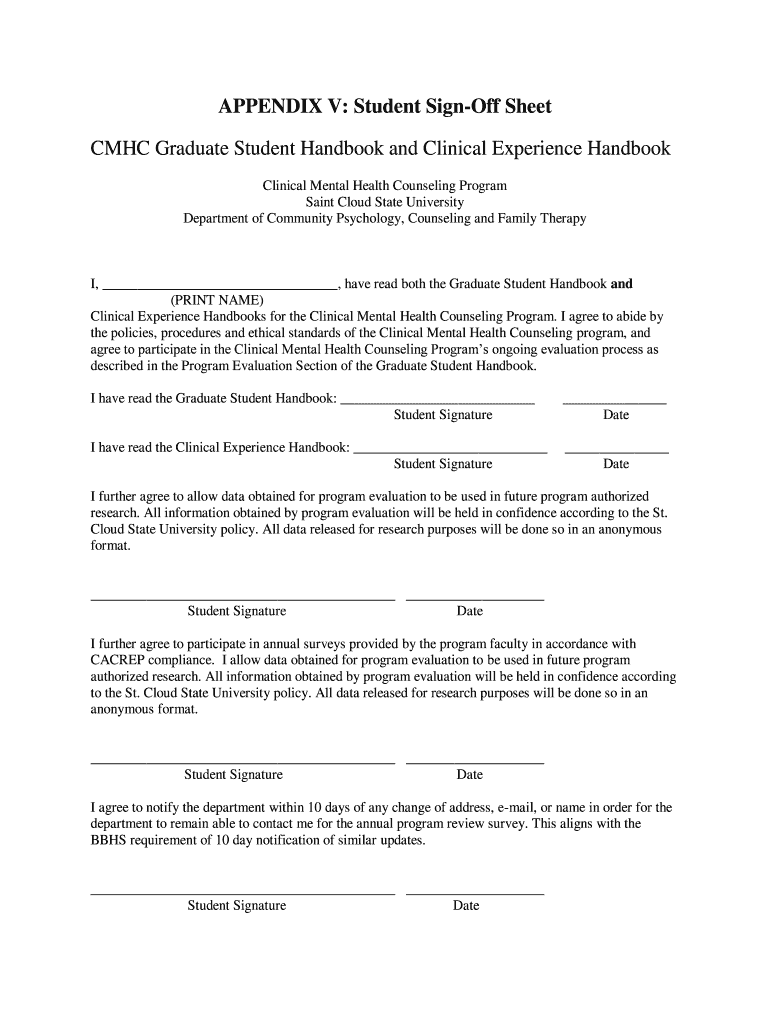 Fillable Online APPENDIX V: Student Sign-Off Sheet CMHC Graduate ... Fax Email Print - pdfFiller
