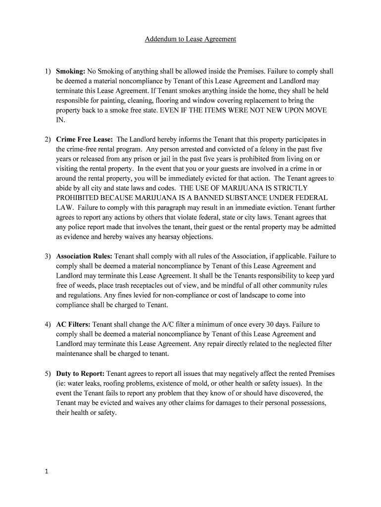 Fillable Online Addendum to Lease Agreement 1) Smoking: No Smoking of ...