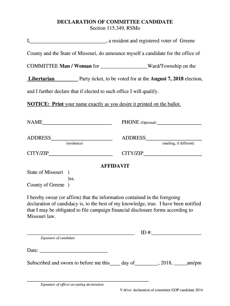 Fillable Online Fillable Online DECLARATION OF CANDIDATE FOR NOMINATION ...