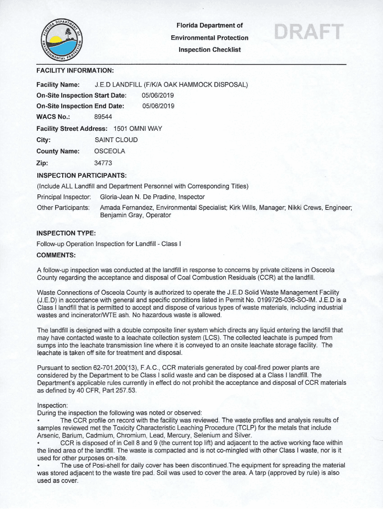 Fillable Online Inspection Checklist FACILITY INFORMATION: J.E.D ...
