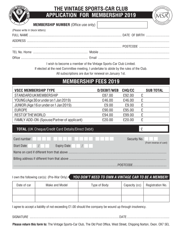 Fillable Online THE VINTAGE SPORTS-CAR CLUB APPLICATION FOR Fax Email ...