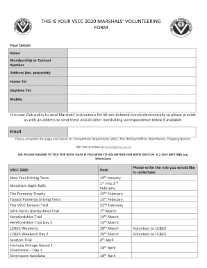 Fillable Online THIS IS YOUR VSCC 2020 MARSHALS VOLUNTEERING FORM Fax ...
