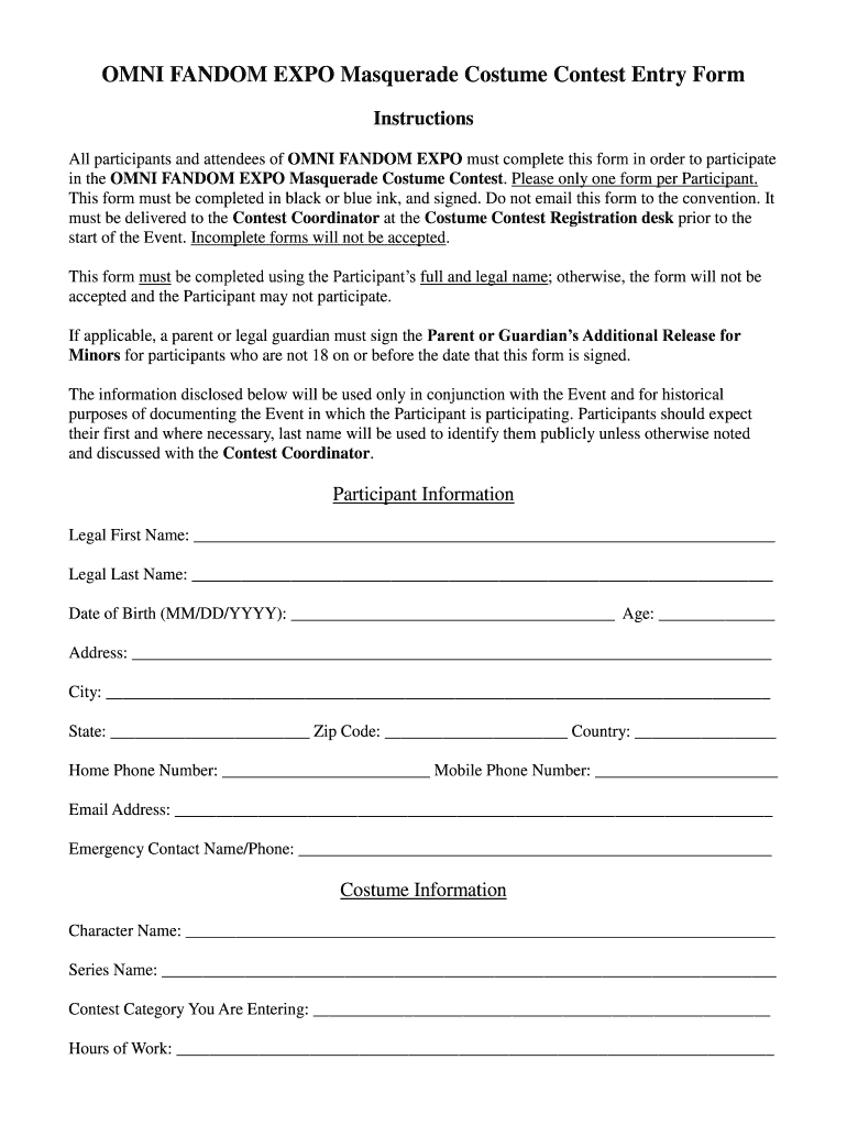 Fillable Online OMNI FANDOM EXPO Masquerade Costume Contest Entry Form ...
