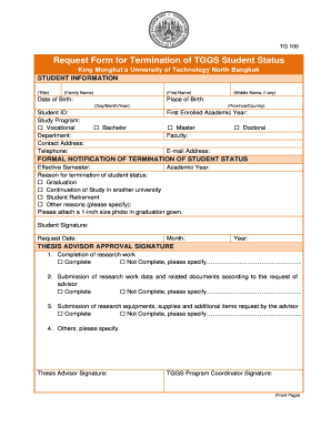 Fillable Online Request Form for Termination of TGGS Student Status Fax Email Print - pdfFiller