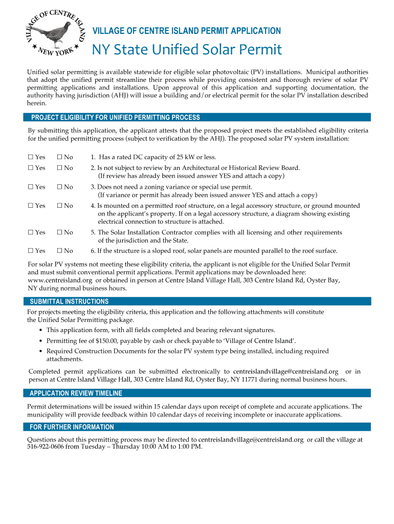 Fillable Online NY State Unified Solar Permit - village of centre ...