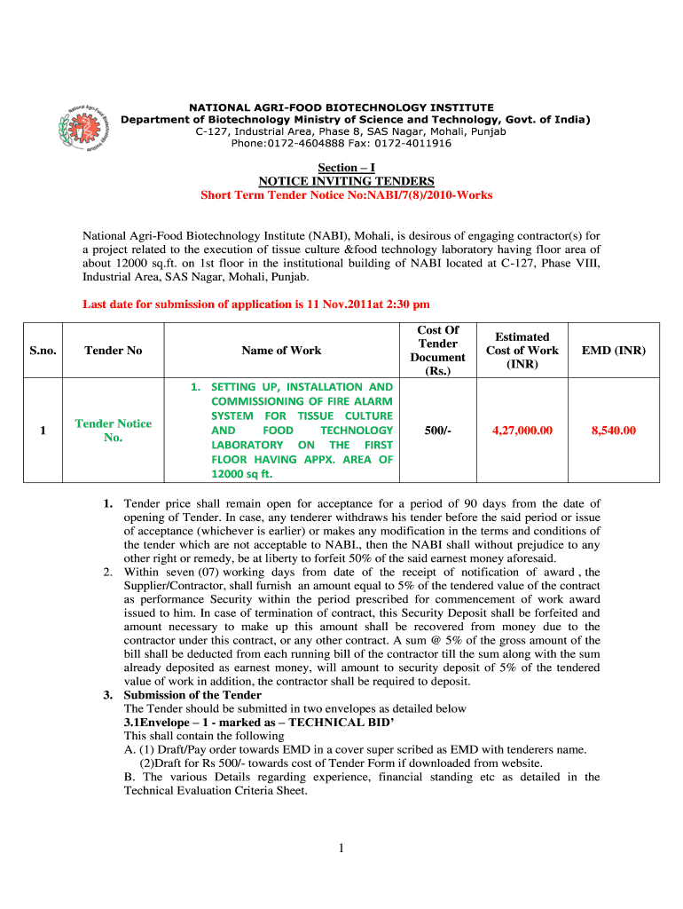 Fillable Online I NOTICE INVITING TENDERS Short Term Tender Notice No ...