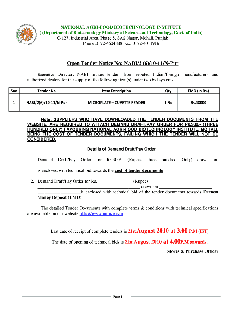 Fillable Online Open Tender Notice No: NABI/2 (6)/10-11/N-Pur - Events ...