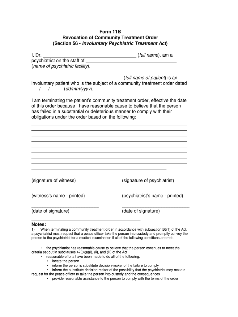 Fillable Online Form 11B Revocation of Community Treatment Order ...