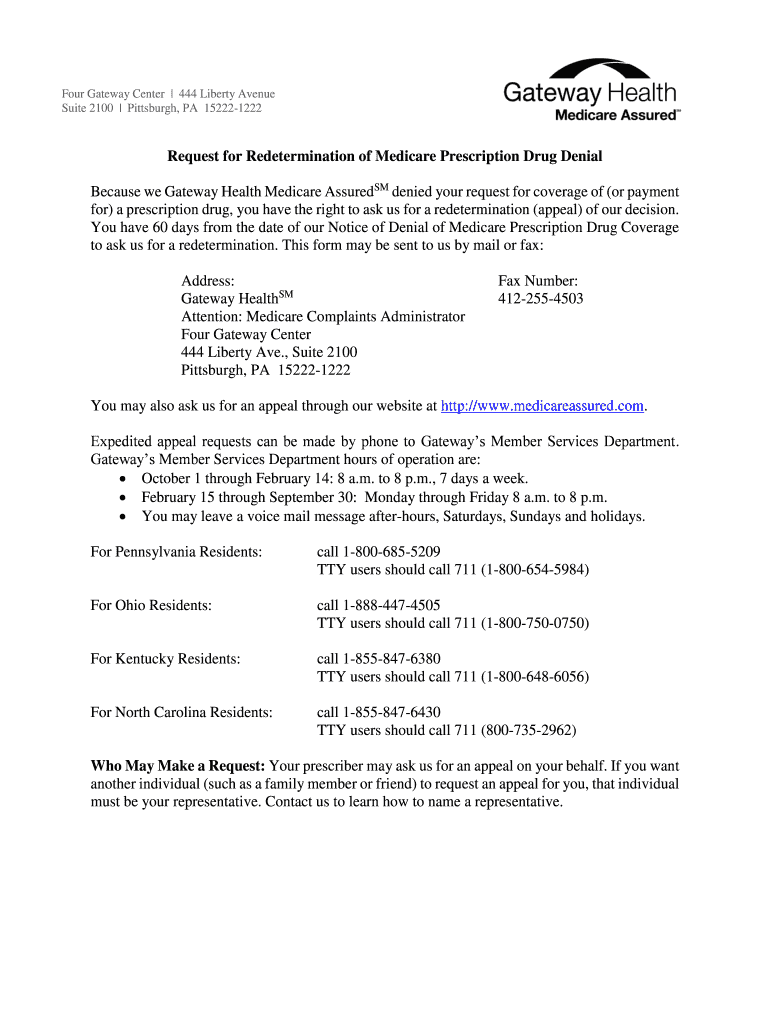 Fillable Online Request for Redetermination Form - Gateway Health Fax ...