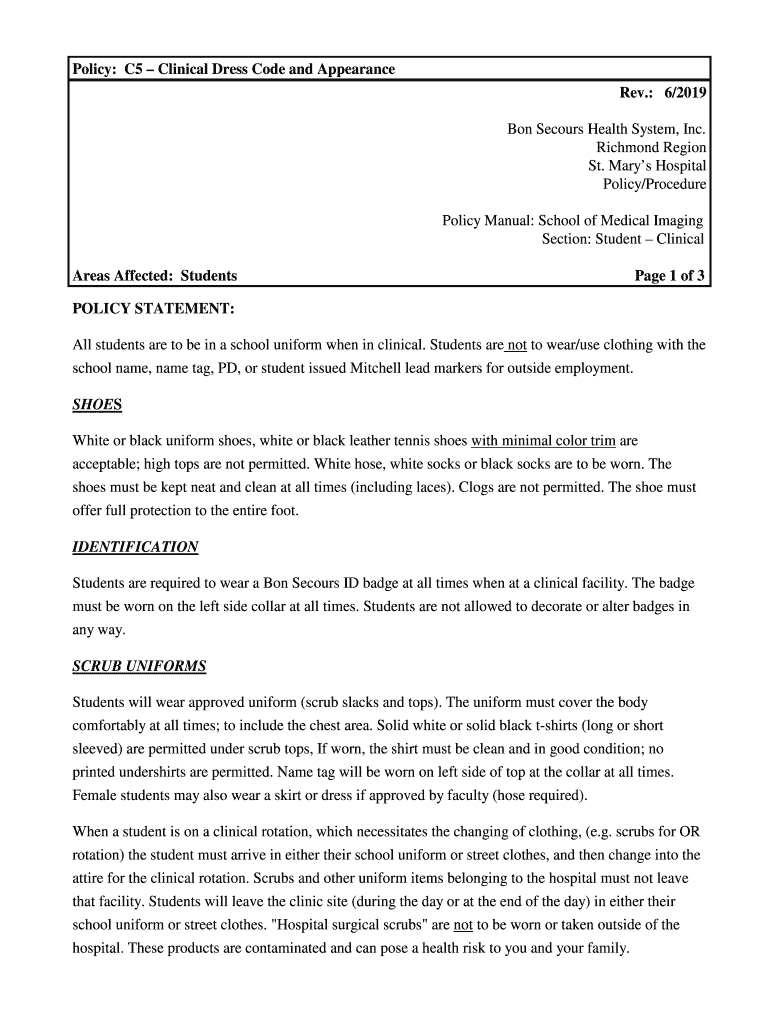 Fillable Online Policy: C5Clinical Dress Code and ... - Bon Secours Fax Email Print - pdfFiller