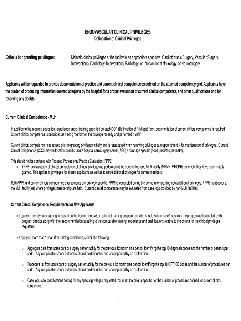 Fillable Online CAROTID STENT CLINICAL PRIVILEGES Delineation of ...
