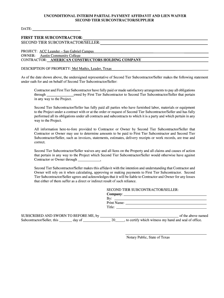 Fillable Online unconditional interim partial payment affidavit and ...