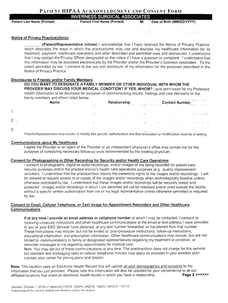Fillable Online PATIENT HIPAA ACKNOWLEDGMENT AND CONSENT FORM. Form Fax ...