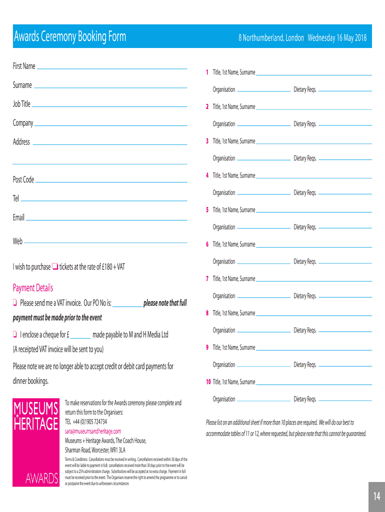 Fillable Online Awards Ceremony Booking Form - Museums + Heritage ...