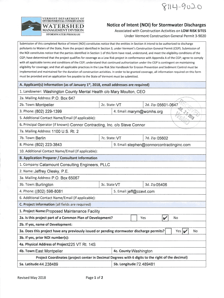 Fillable Online Notice of Intent (NOI) for Stormwater Discharges - Vermont DEC Fax Email Print ...