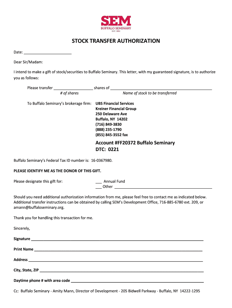 Fillable Online STOCK TRANSFER AUTHORIZATION - Buffalo Seminary Fax ...