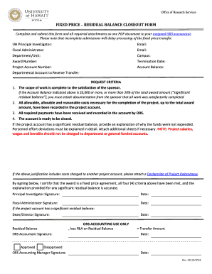Fillable Online FIXED PRICE RESIDUAL BALANCE CLOSEOUT FORM Fax Email ...