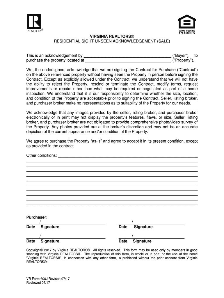 Fillable Online Virginia REALTORS Form 600J - Residential Sight Unseen ...