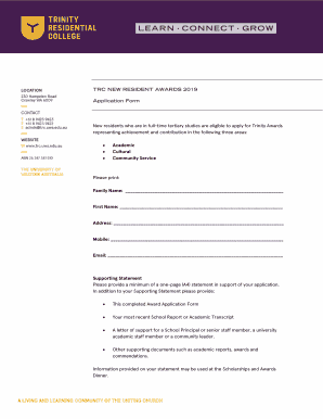 Fillable Online TRC NEW RESIDENT AWARDS 2019 Application Form Fax Email ...