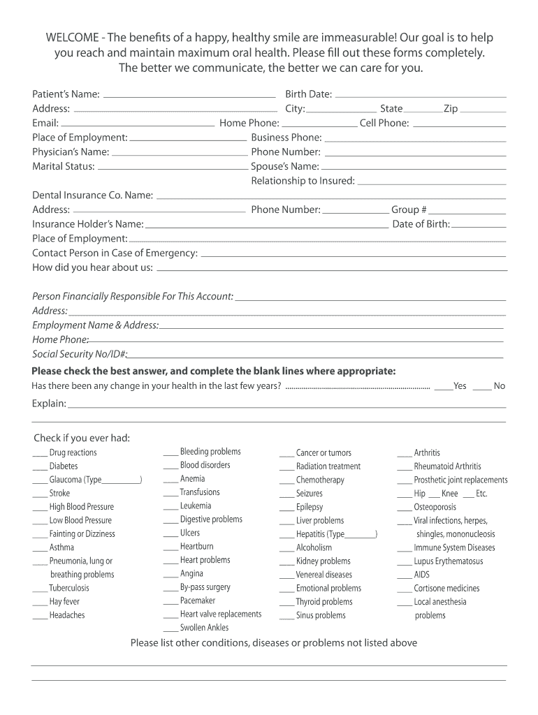 Fillable Online WELCOME! The benefits of a healthy and happy smile are ...