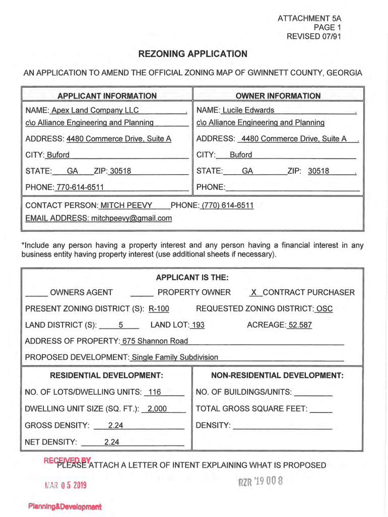 Fillable Online ATTACHMENT 5A PAGE 1 REVISED 07/91 RZM 0503-4' REZONING ... Fax Email Print ...