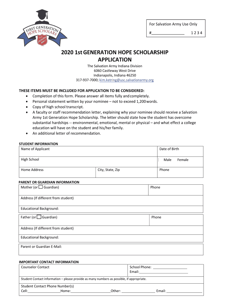 Fillable Online First Generation Hope Scholars - Indiana - The Salvation Army ... Fax Email ...