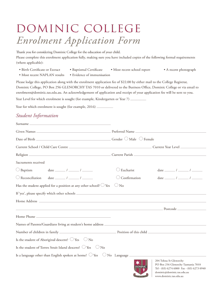 Fillable Online STUDENT ENROLMENT APPLICATION FORM - St Mary's College ...
