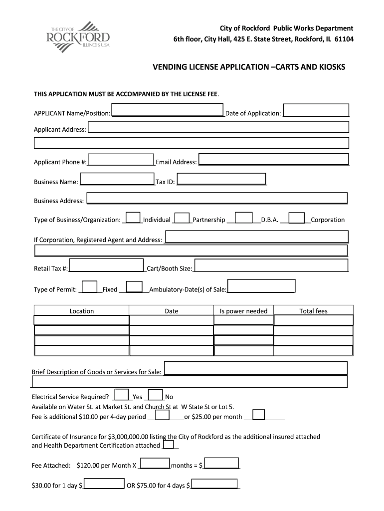 Fillable Online vending license application carts and kiosks - City of Rockford Fax Email Print ...