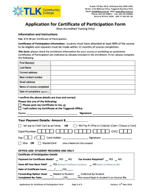 Fillable Online Application for Certificate of Participation Form Fax ...
