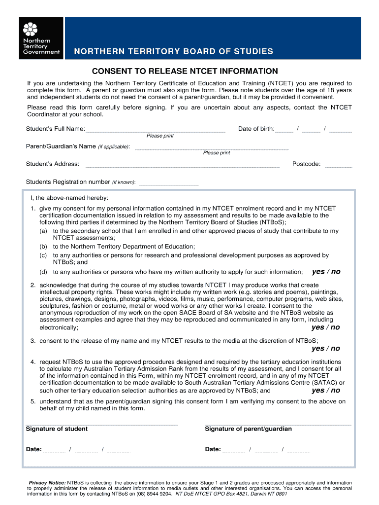 Fillable Online NTCET - South Australian Certificate of Education ...