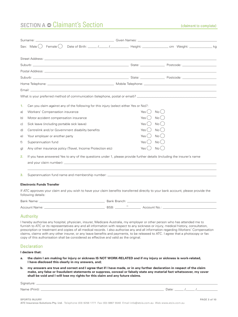 Fillable Online Sports Injury Claim Form (ATC Insurance Solutions) Fax ...