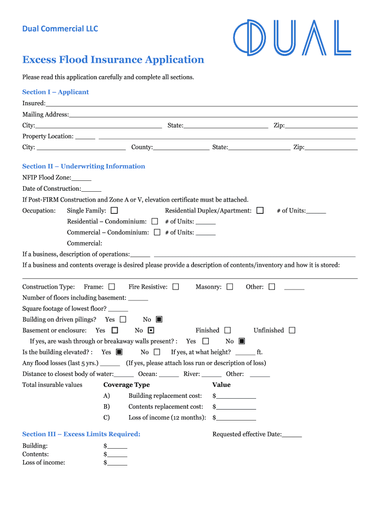 Fillable Online DUAL Excess Flood Application - Halcyon Underwriters ...