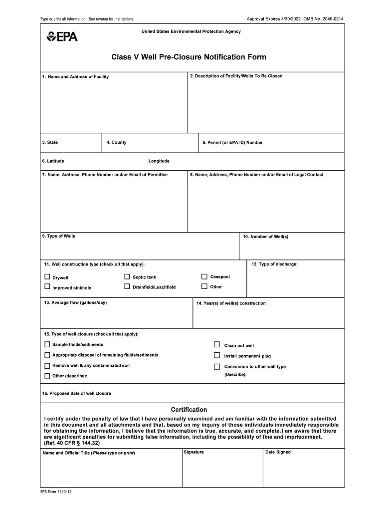 Fillable Online Class V Well Pre-Closure Notification Form - EPA Fax ...