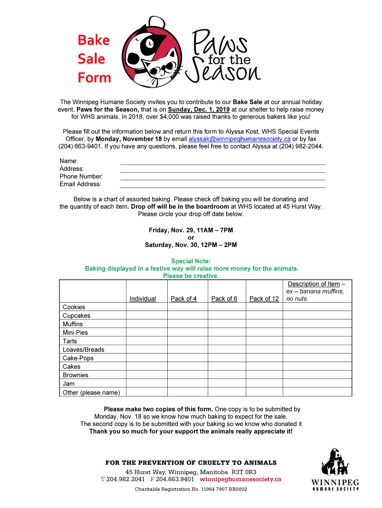 Fillable Online Bake Sale Form Winnipeg Humane Society Fax Email Fillable Online Bake Sale Form Winnipeg Humane Society Fax Email