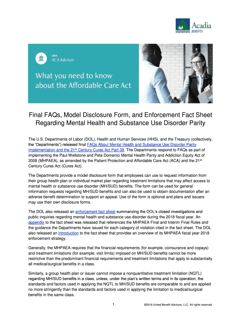 Fillable Online Final FAQs, Model Disclosure Form, and Enforcement Fact Sheet Regarding Mental ...