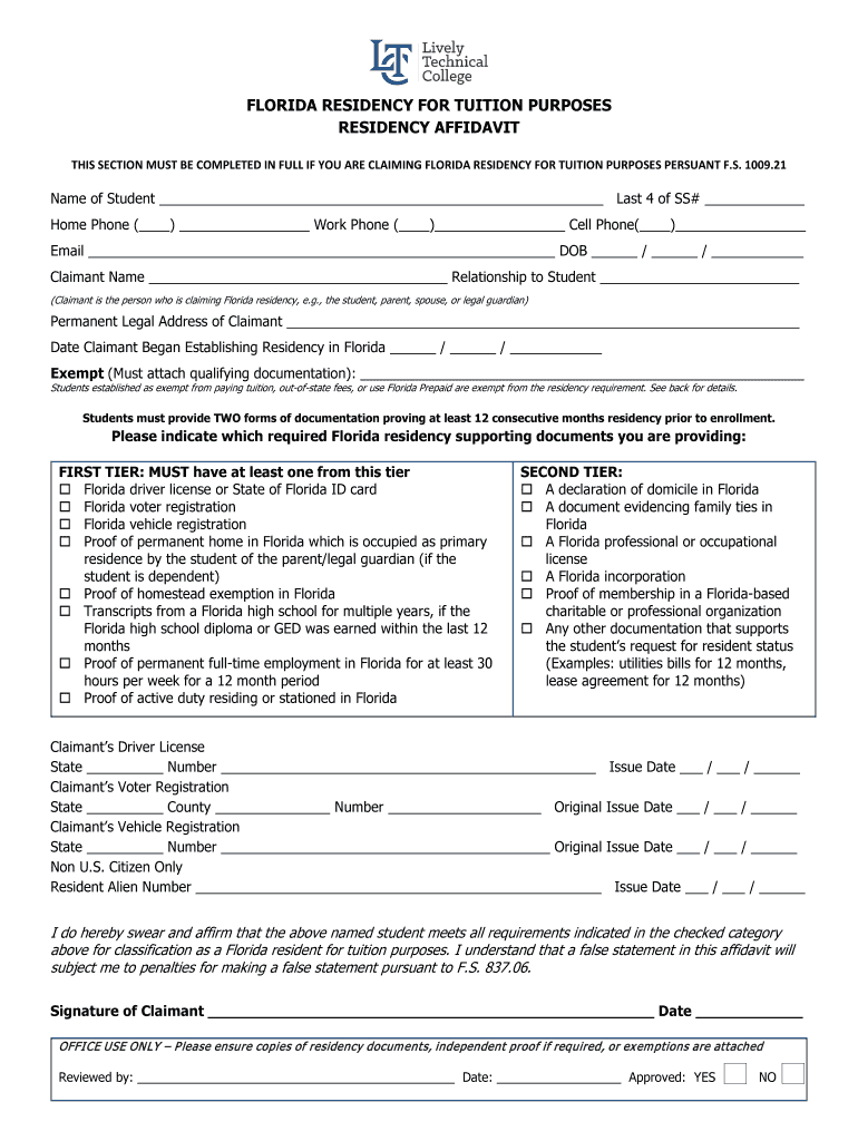 Fillable Online FLORIDA RESIDENCY FOR TUITION PURPOSES RESIDENCY ...