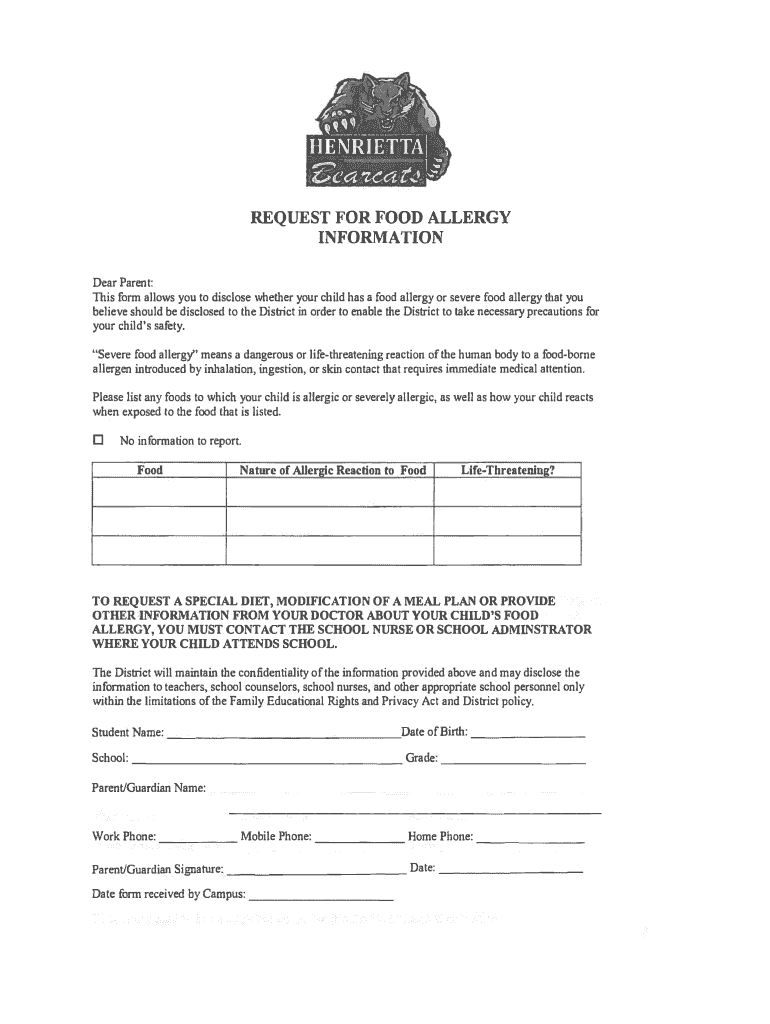 Fillable Online Form- Food allergy packet for parents - Crowley ISD Fax ...