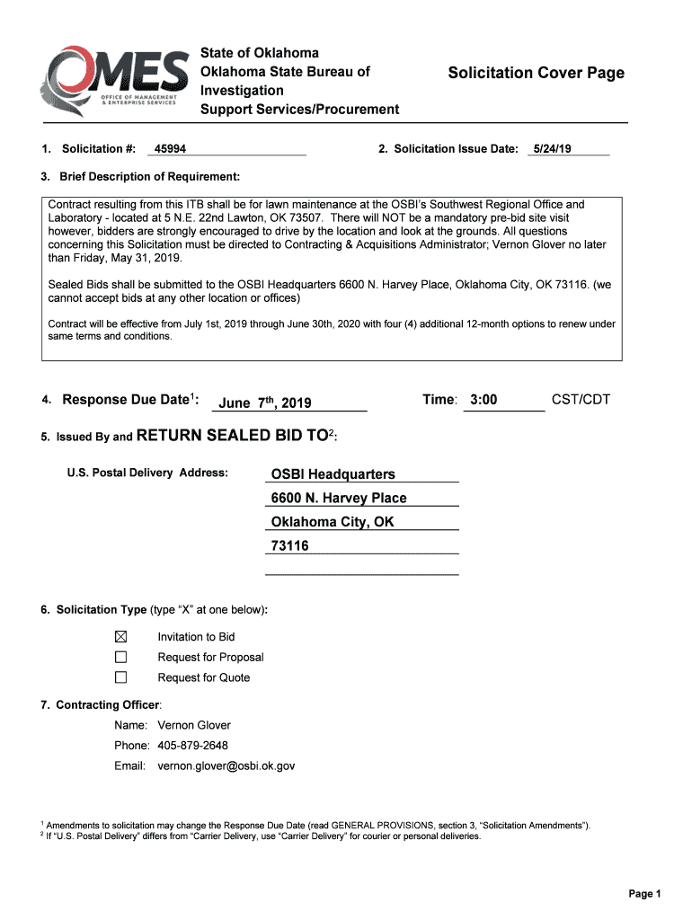 Fillable Online Solicitation Number 45994 - OSBI Lawn facility lawn maintenance ... Fax Email ...