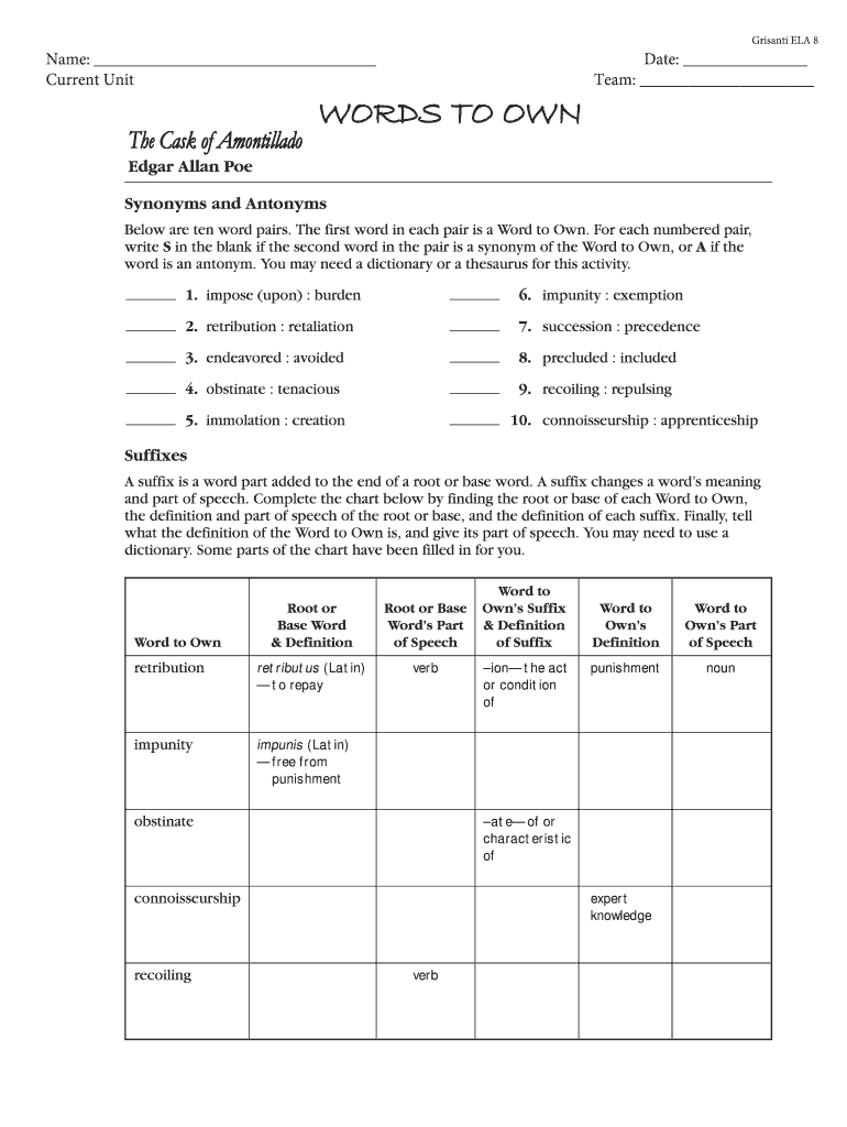 Fillable Online wn WORDS TO OWN The Cask of Amontillado Fax Email Print ...