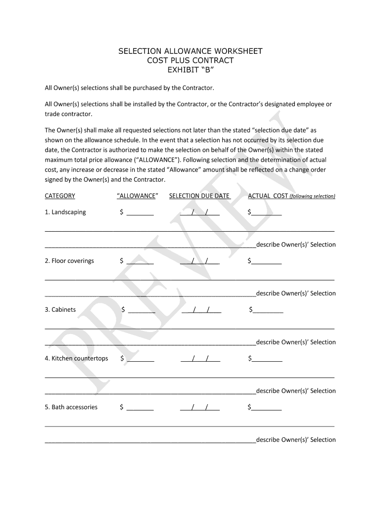 Fillable Online selection allowance worksheet cost plus contract ...
