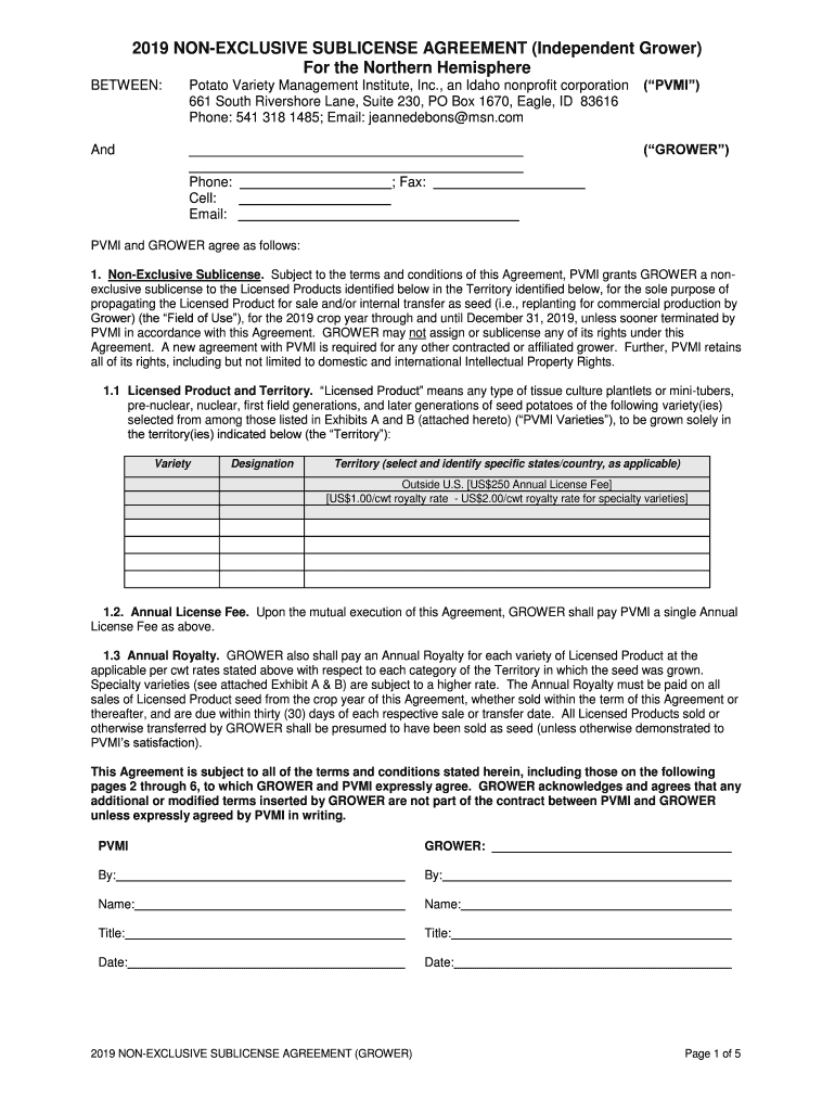 Fillable Online 2019 NON-EXCLUSIVE SUBLICENSE AGREEMENT (Independent ... Fax Email Print - pdfFiller