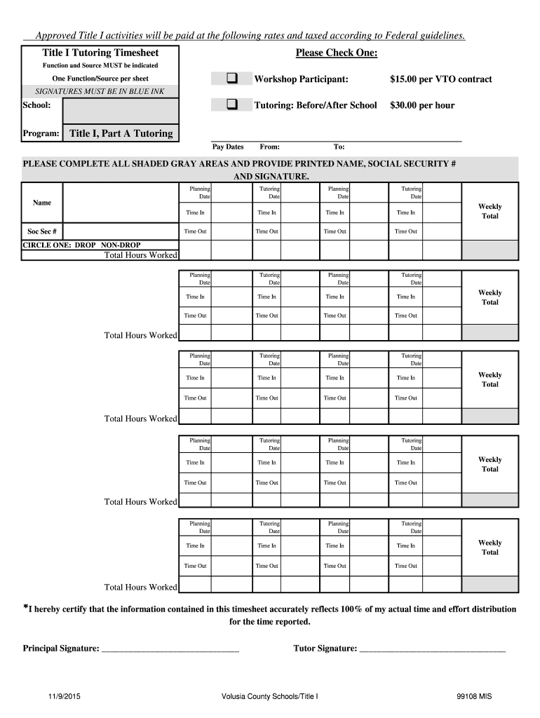 Fillable Online TIPA Tutor Time Sheet - Volusia County Schools Fax ...