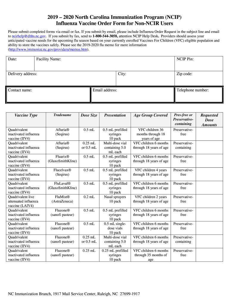Fillable Online TO: North Carolina Immunization Program (NCIP ... - Flu ...
