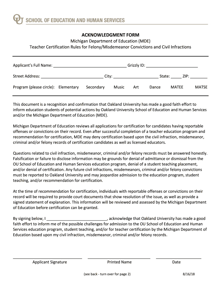 Fillable Online Standard Certificate Application - MSU College of ...
