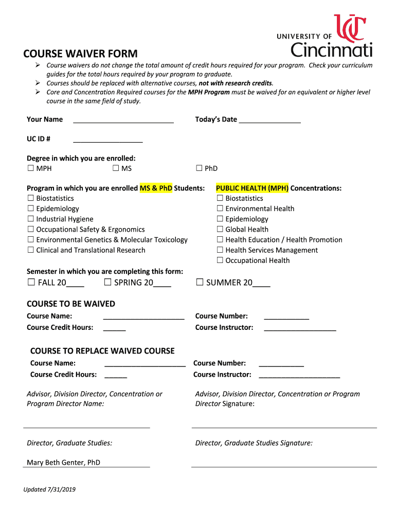 Fillable Online med uc COURSE WAIVER FORM - University of Cincinnati ...