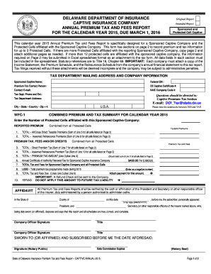 Fillable Online 2015 Sponsored/Cells Annual Form - Delaware Insurance ...