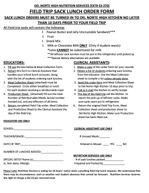 Fillable Online Field Trip Lunch Form RequestFood ServiceEast Valley ...
