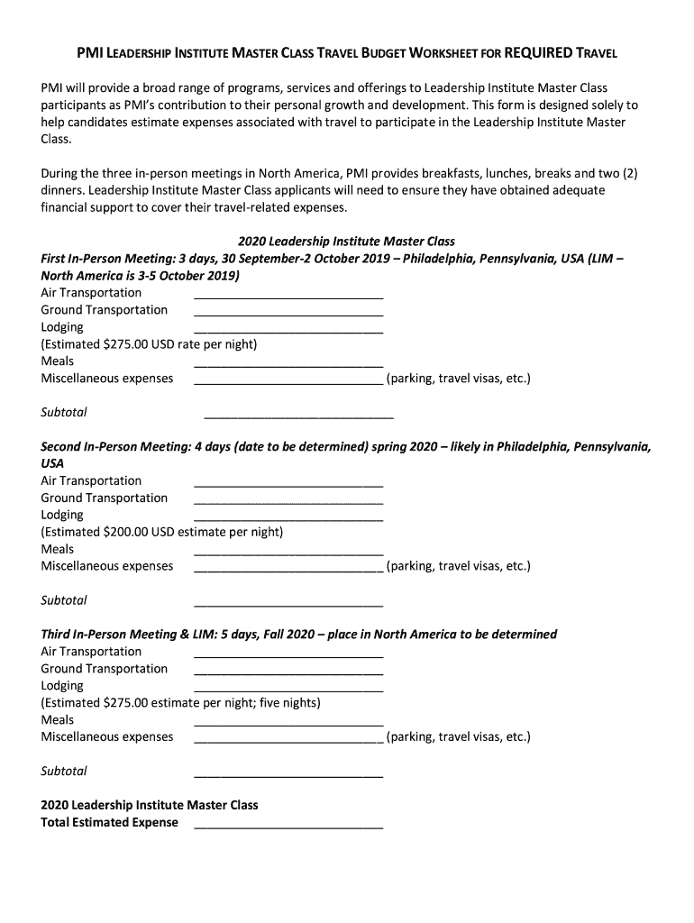 Fillable Online pmi leadership institute master class travel budget ...